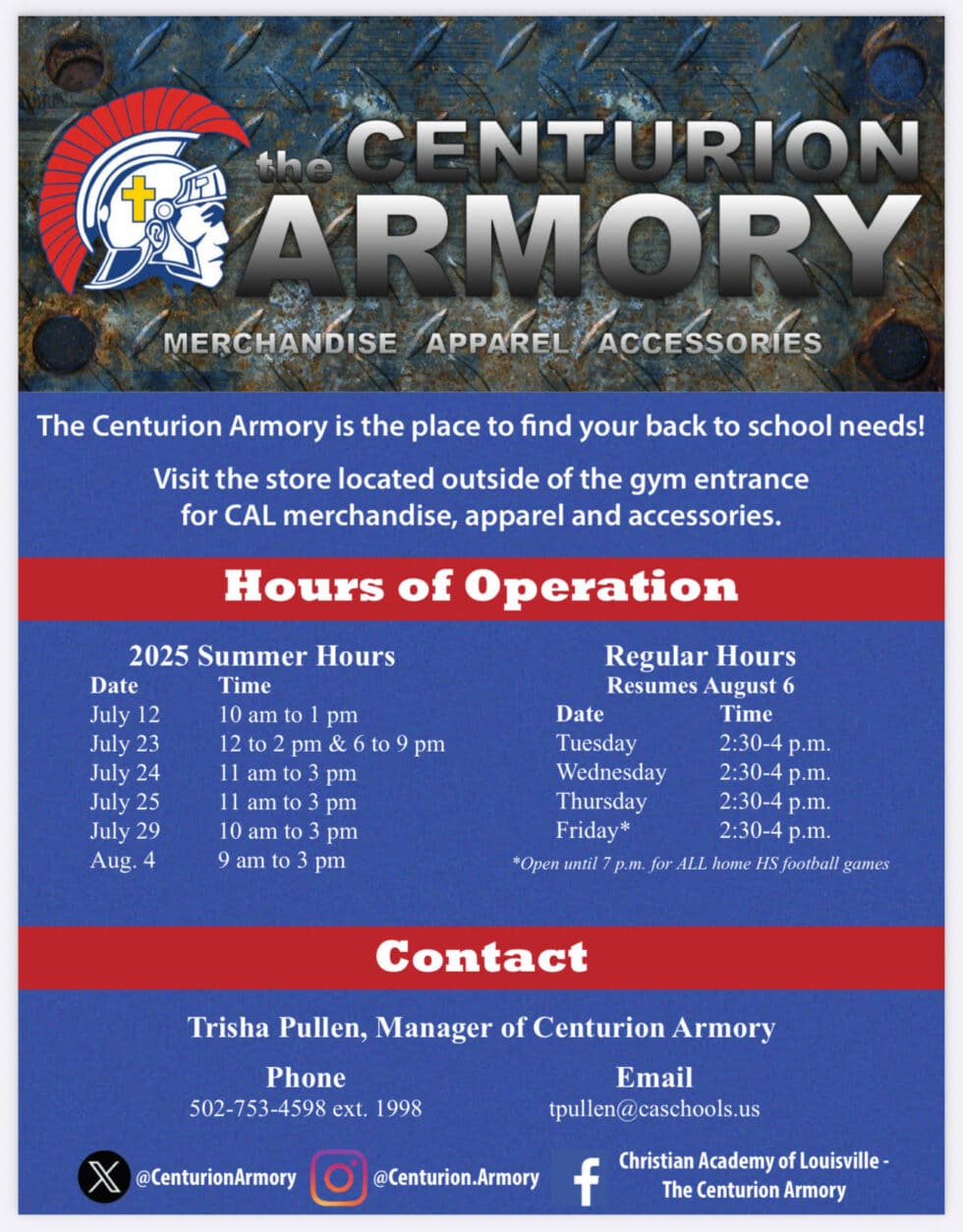 Centurion Armory Summer and Back-to-School Hours | Christian Academy ...